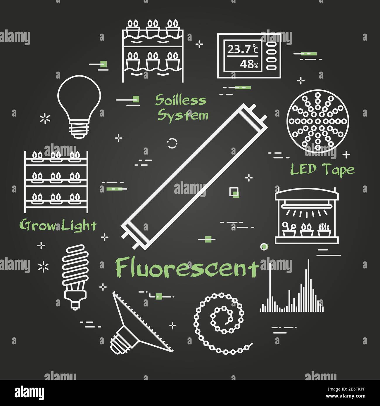 Vector black concept of hydroponic and growth led light - fluorescent ...