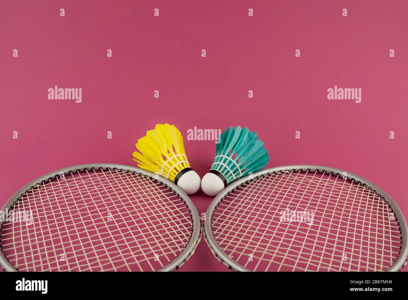 Badminton rackets and colorful feathered shuttlecocks in blue and ...