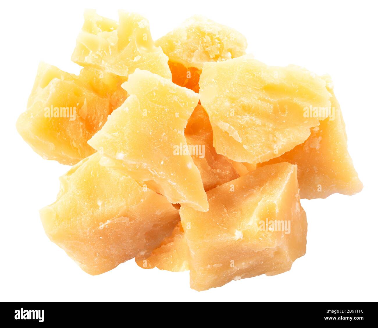 Pile of parmesan pieces, isolated, top view Stock Photo - Alamy