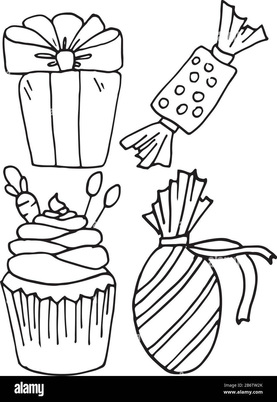 Easter sweets, cupcake,candies and gift, line art drawing Stock Vector ...