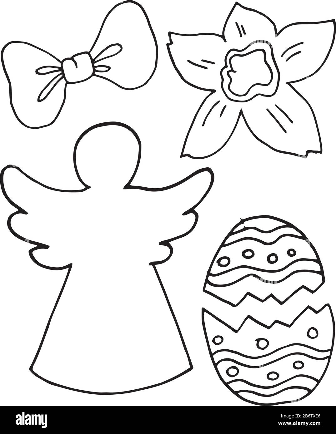 Easter angel, bow, egg, flower set, outline decorations, stickers Stock ...
