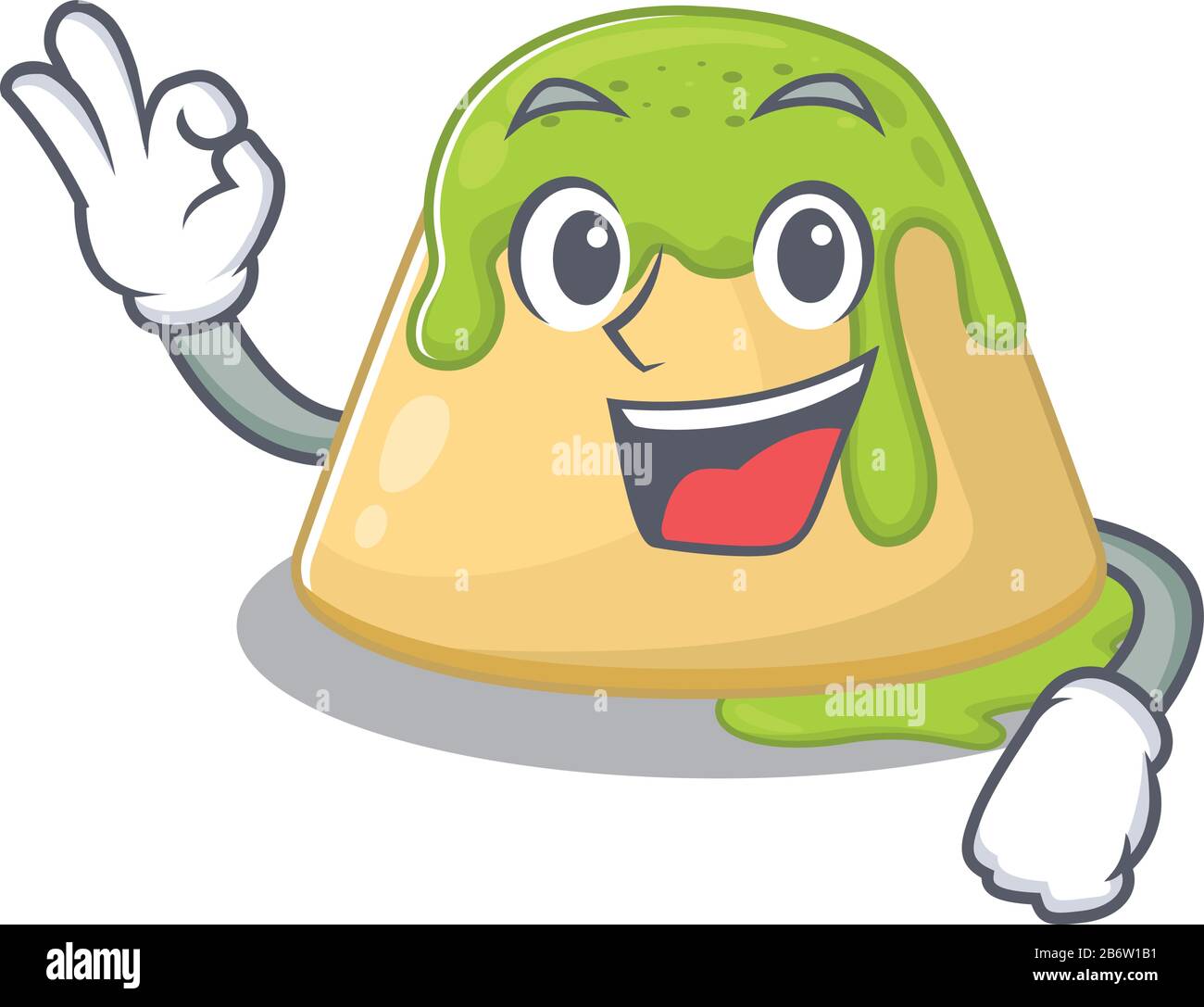 Pudding green tea cartoon character design style making an Okay gesture ...