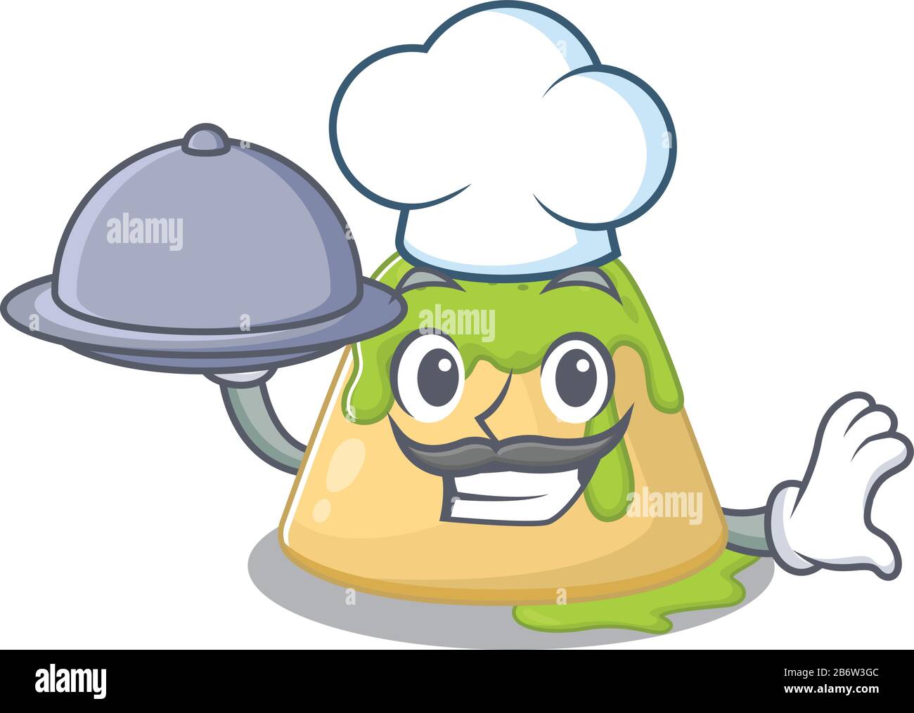 Pudding green tea as a chef cartoon character with food on tray Stock ...