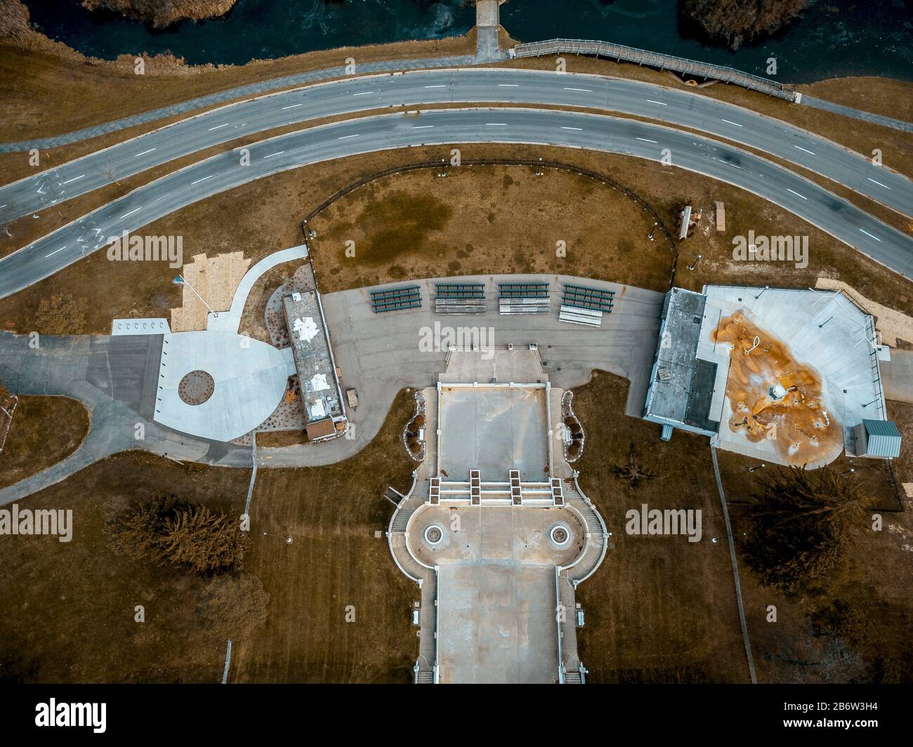 Drone view of the Jackson Cascades surrounded by roads in Michigan ...