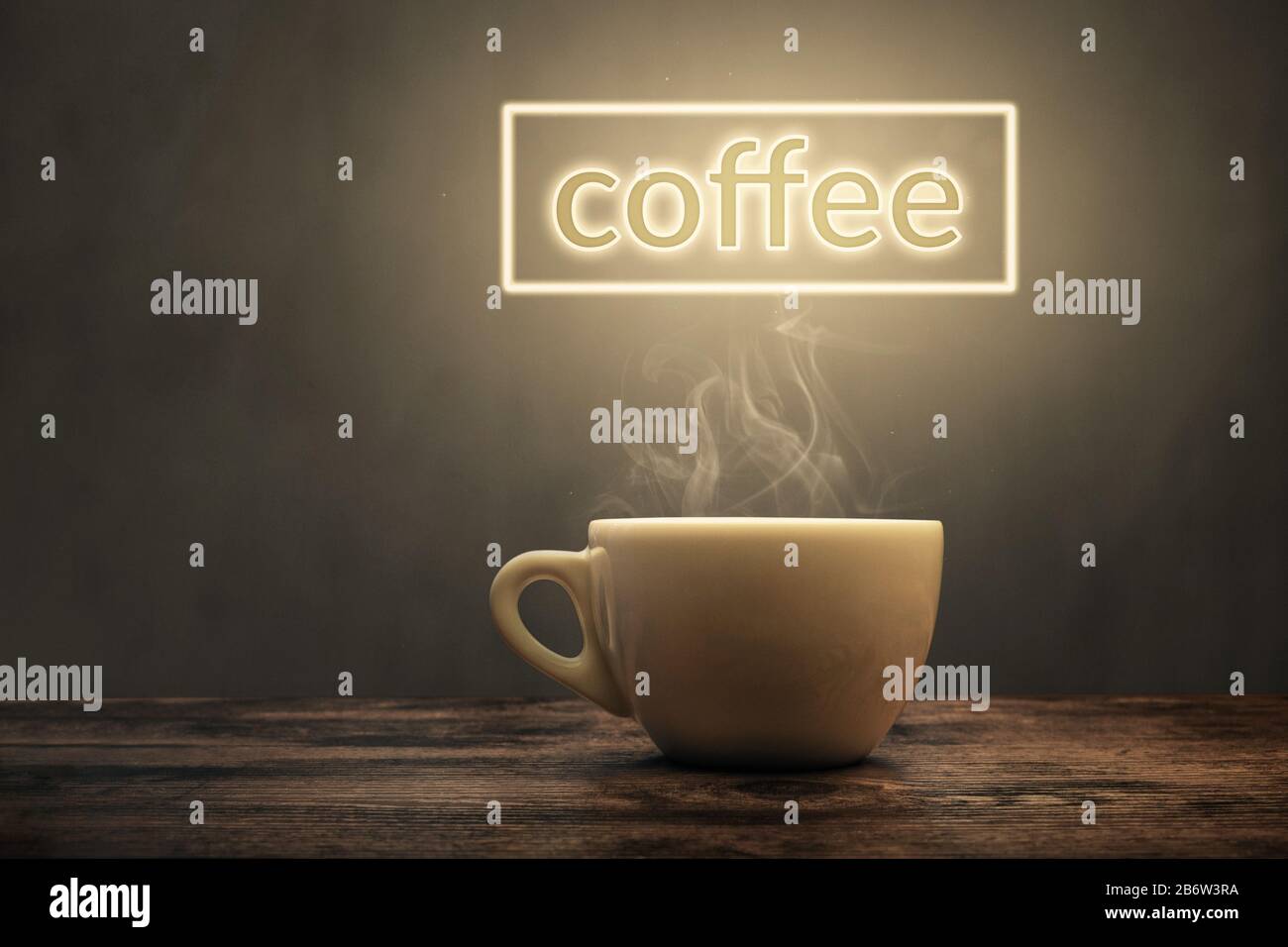 Steaming coffee cup under a glowing coffee sign Stock Photo - Alamy