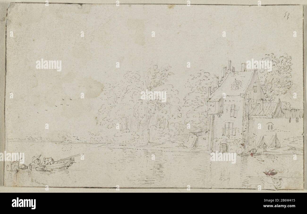 Huis tussen geboomte aan een oever House between trees to a bank object type: drawing Object ...