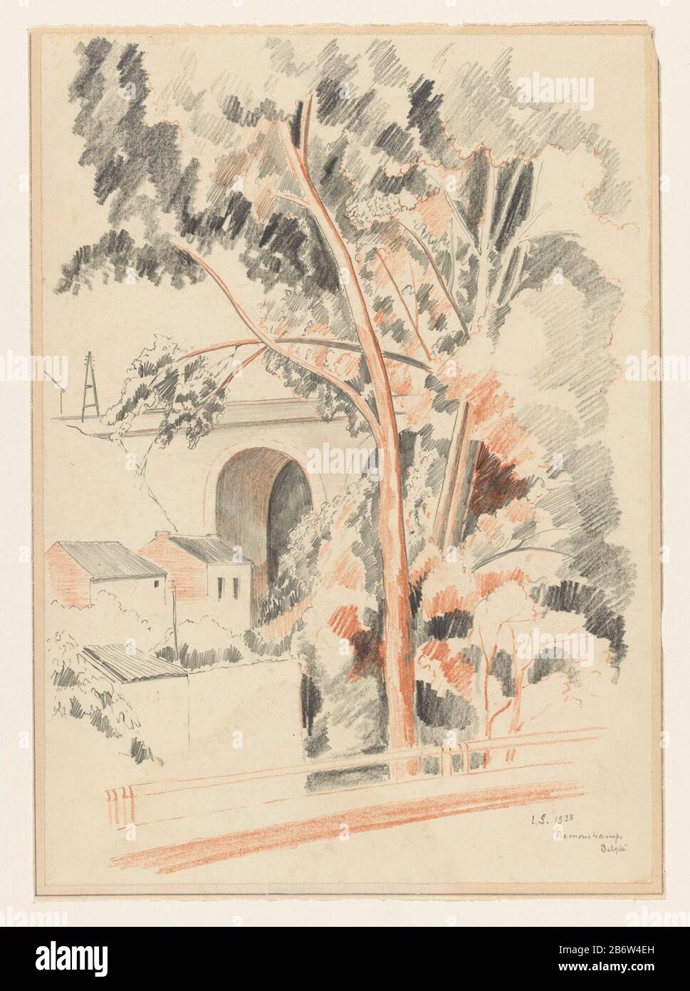 Huizen en bomen onder een viaduct te Remouchamps Houses and trees under ...