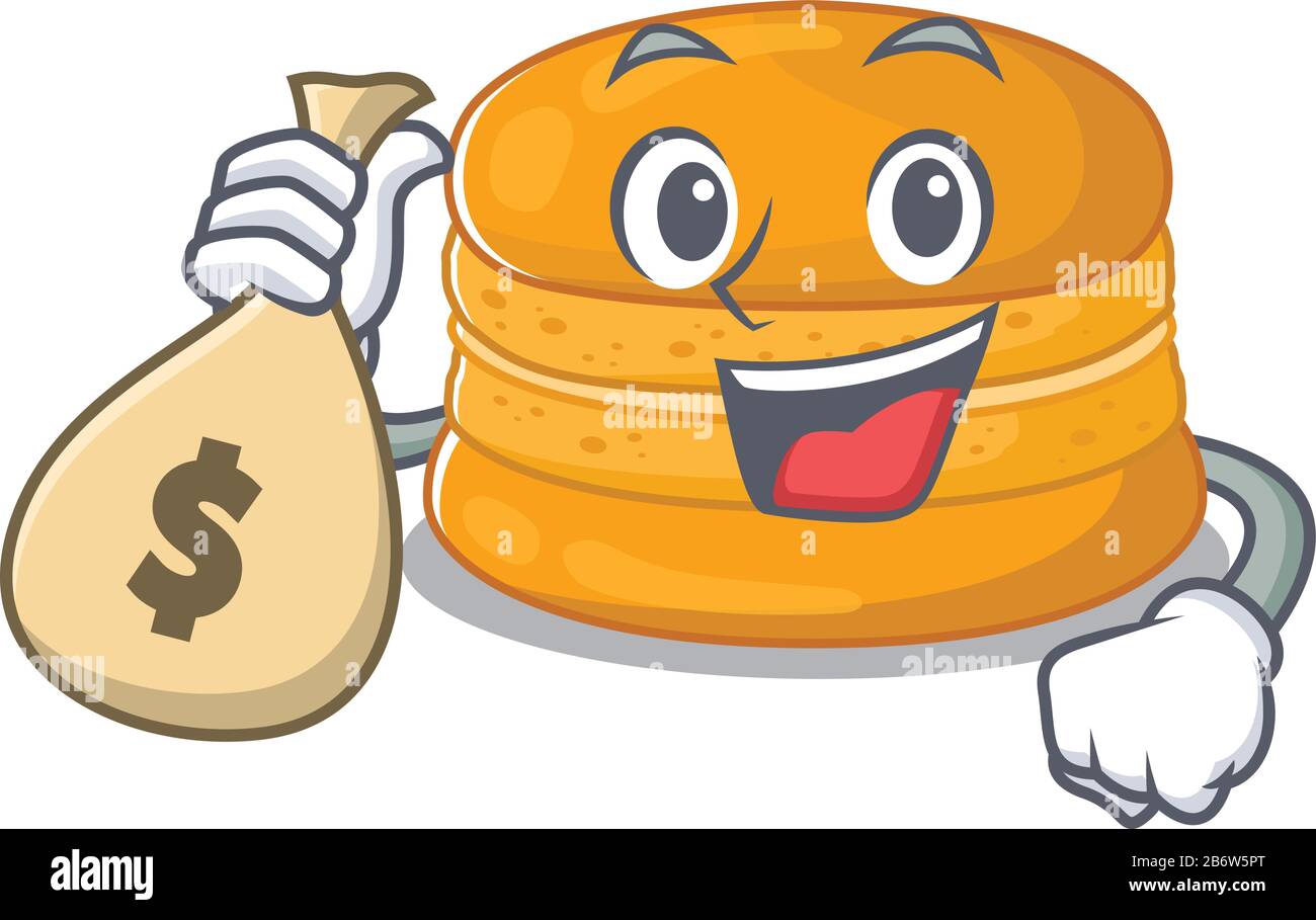 Smiley rich orange macaron cartoon character bring money bags Stock ...
