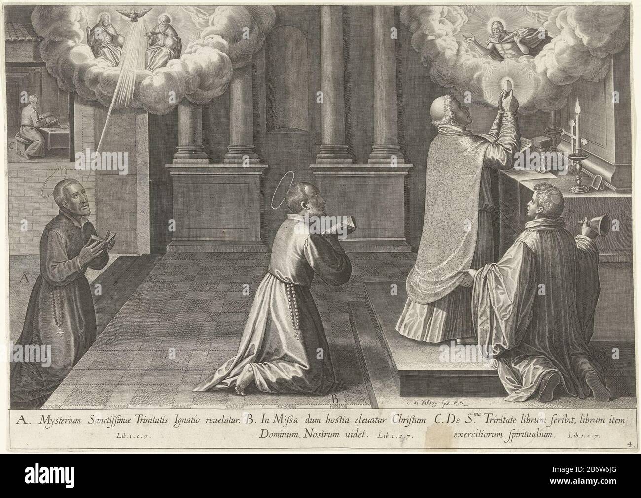 Three scenes from the life of Ignatius of Loyola. Left he prays to God in a chapel, and he has a ...