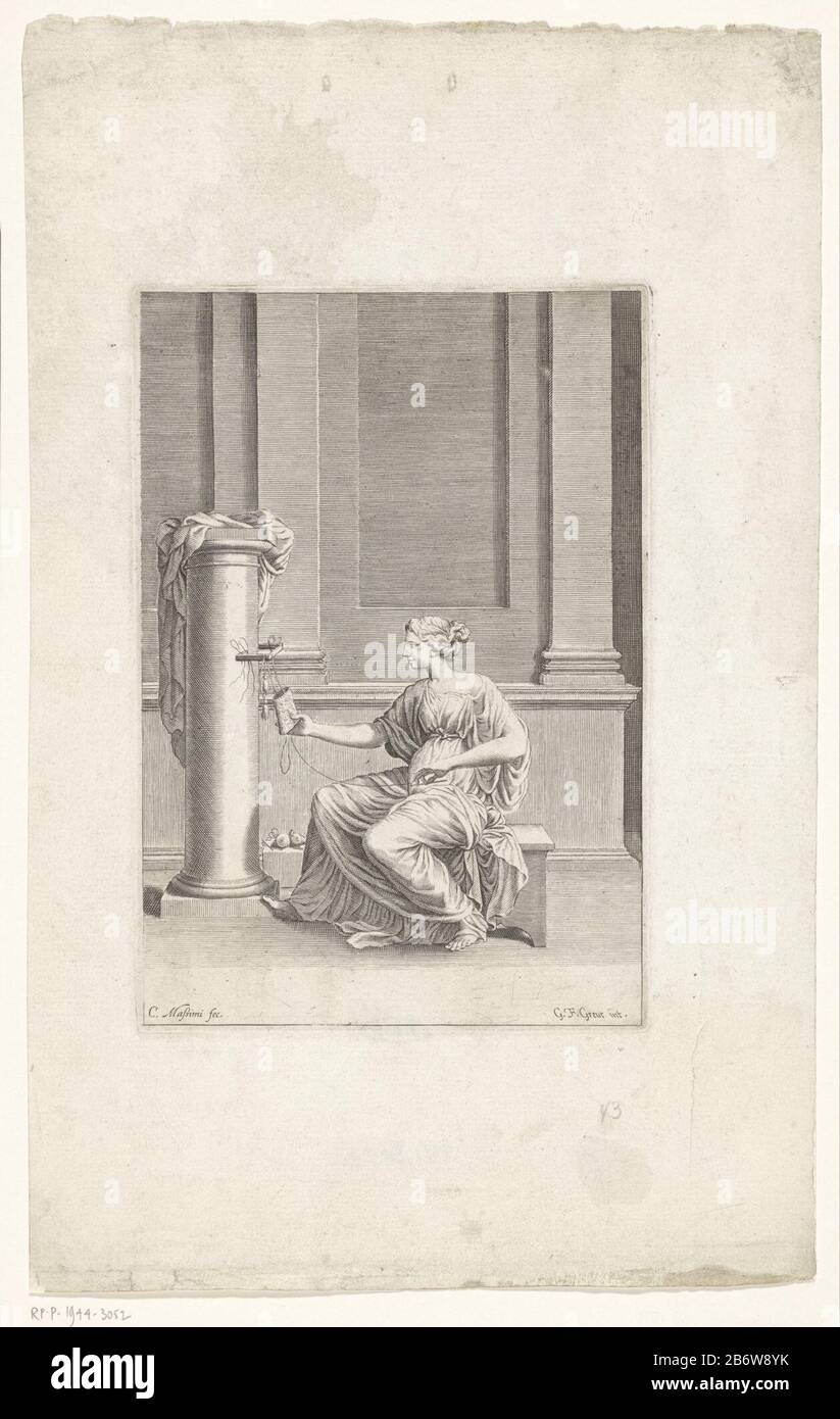 Industria Bordurende vrouw Woman with column seated, doing a handwerk ...