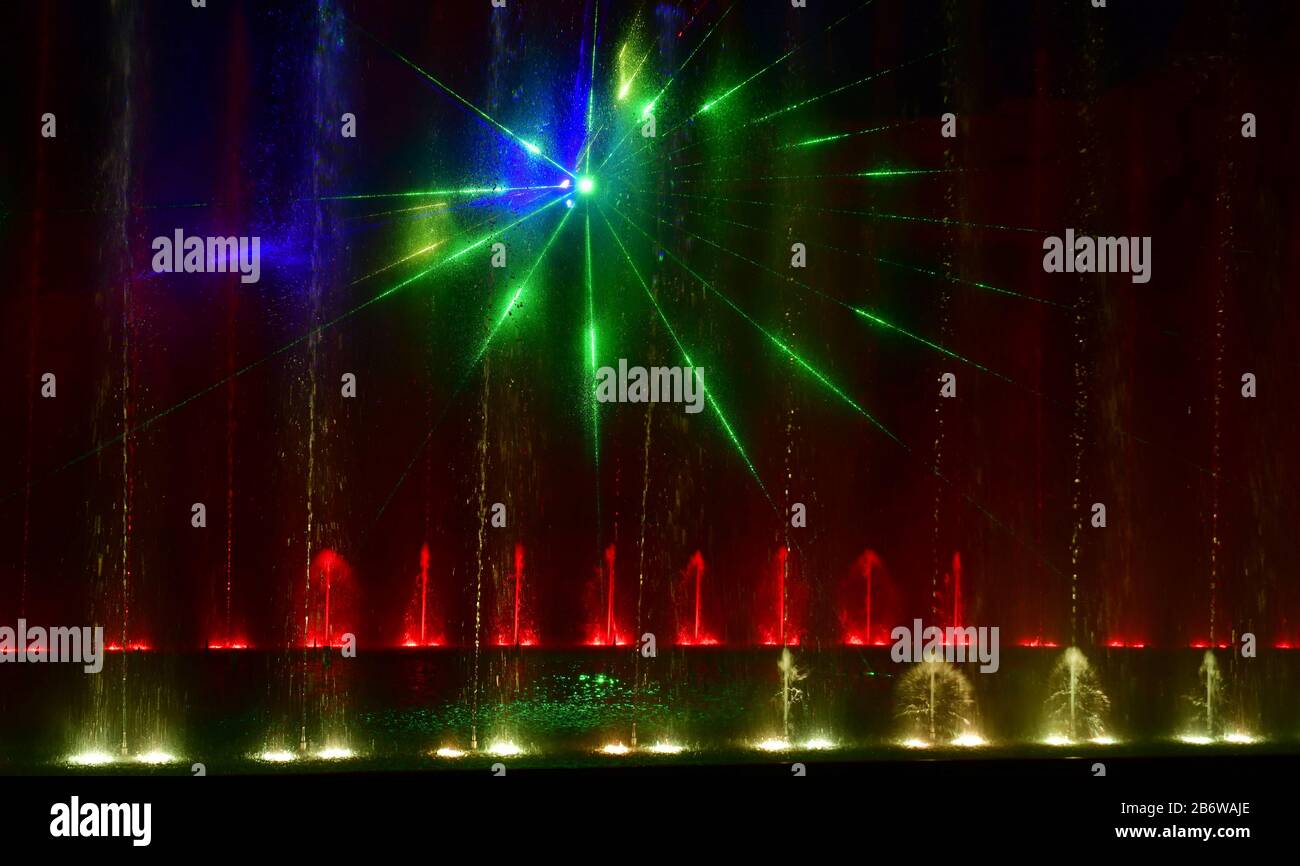 Colorful water fountains. Beautiful laser and fountain show. Large ...