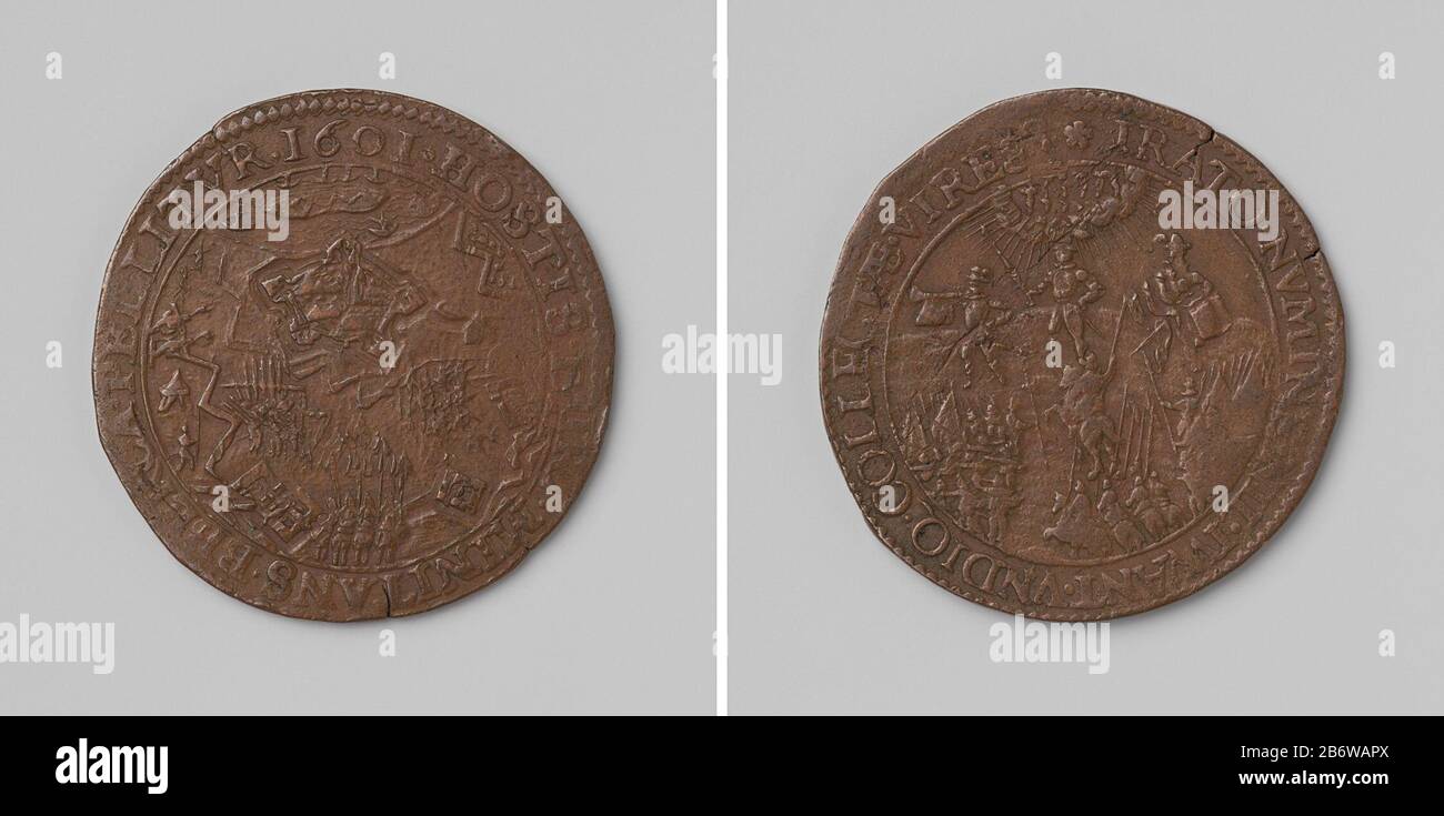 Inname van Rheinberg Koperen penning. Voorzijde: gezicht op stad ...