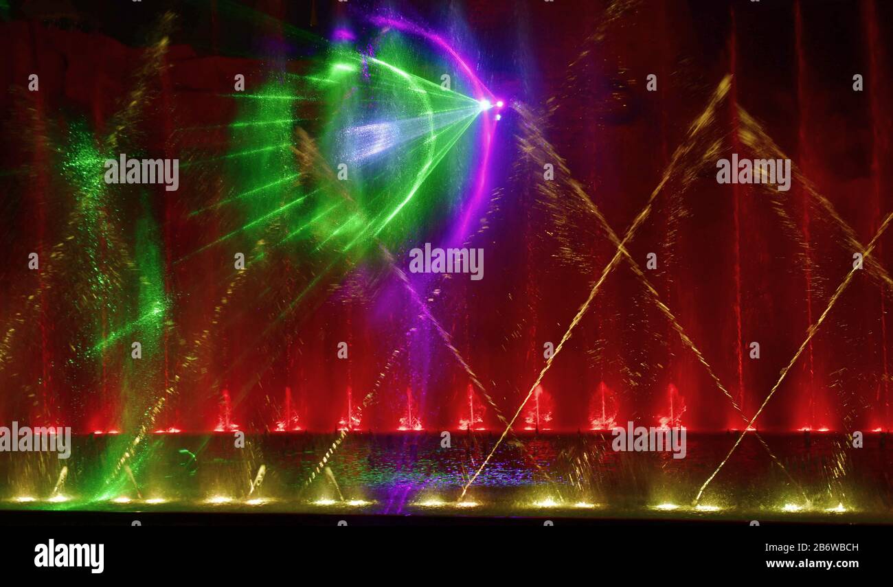 Colorful water fountains. Beautiful laser and fountain show. Large ...