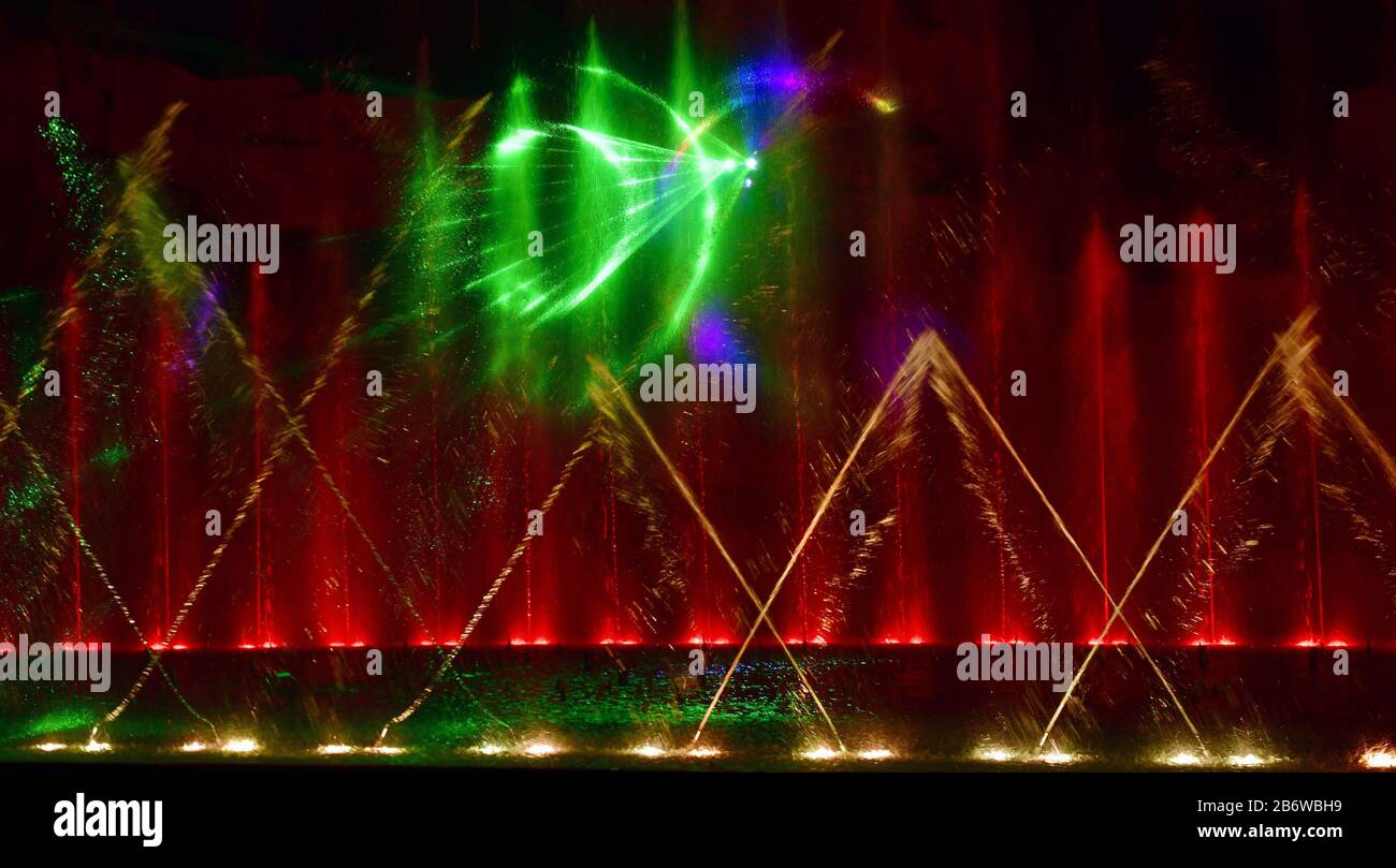 Colorful water fountains. Beautiful laser and fountain show. Large ...