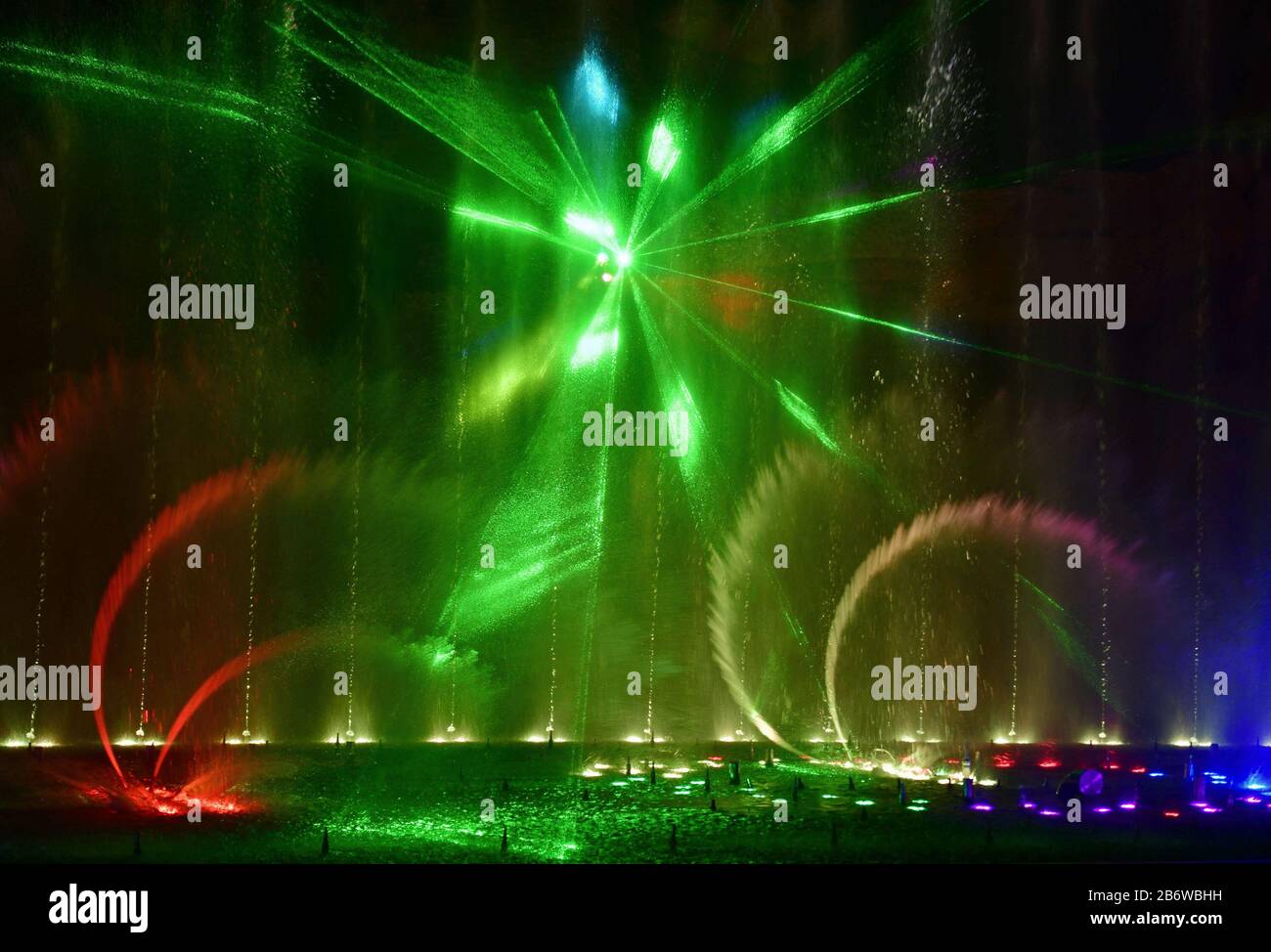 Colorful water fountains. Beautiful laser and fountain show. Large ...