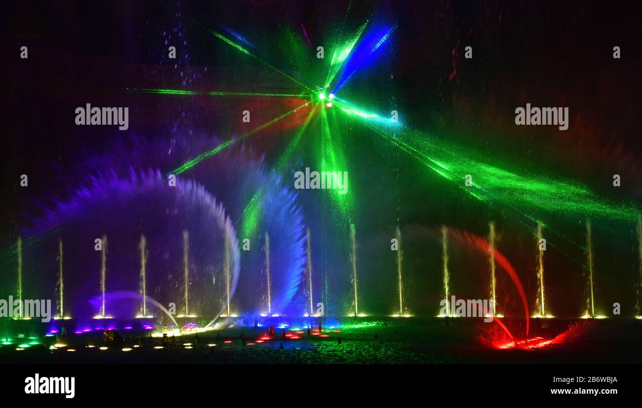 Colorful water fountains. Beautiful laser and fountain show. Large ...