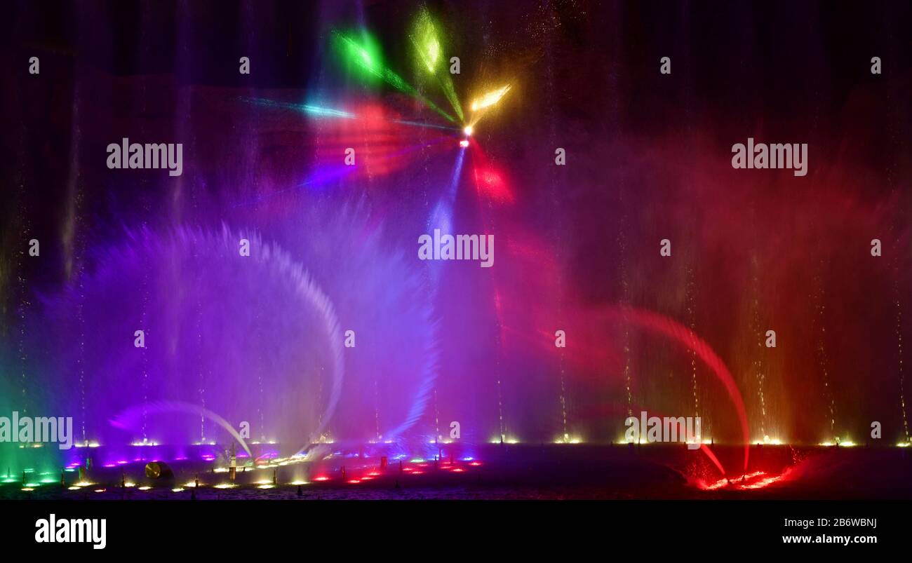 Colorful water fountains. Beautiful laser and fountain show. Large ...
