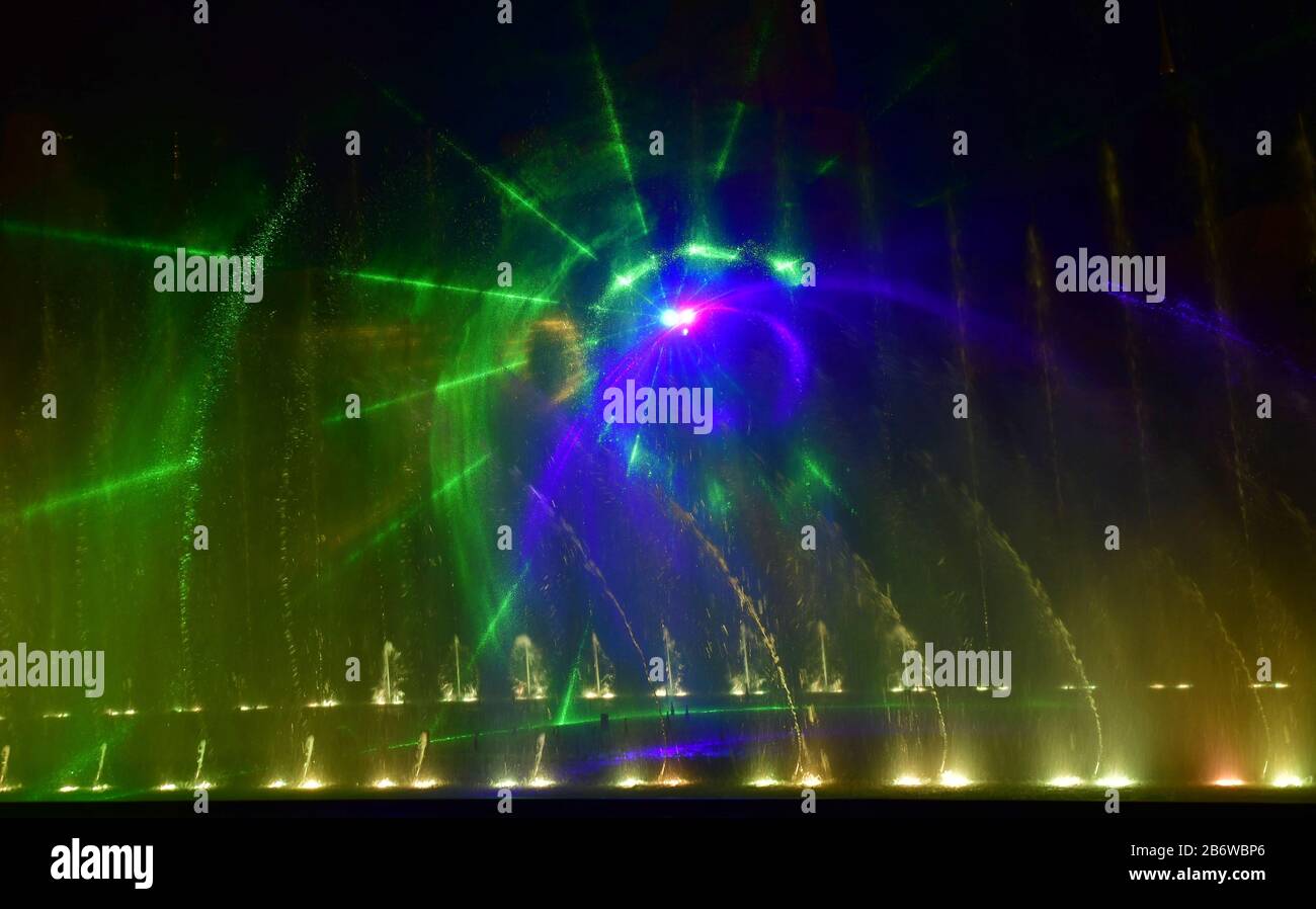 Colorful water fountains. Beautiful laser and fountain show. Large ...