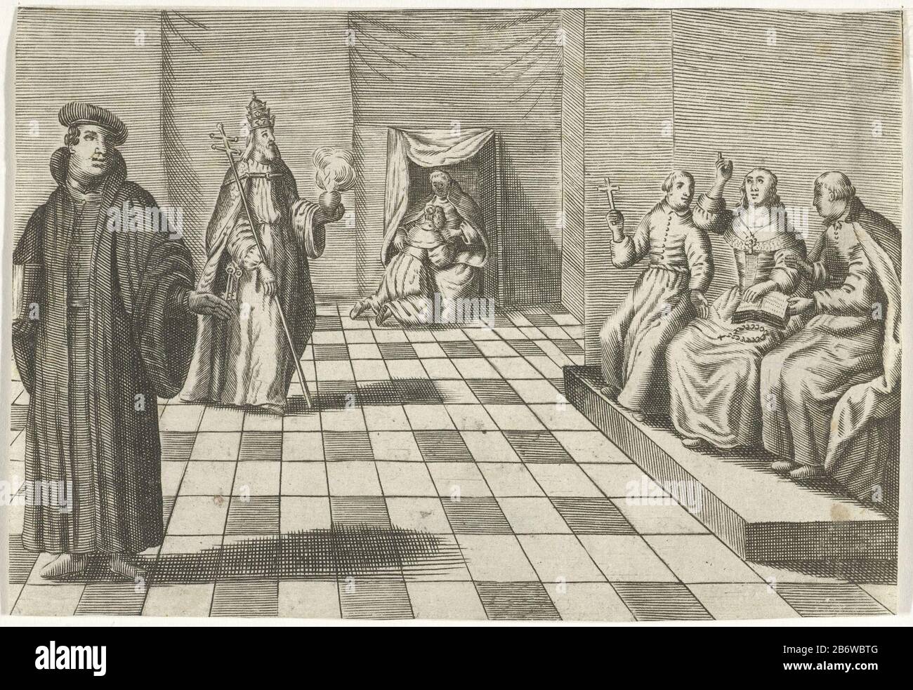 Interieur met geestelijken One interior right three figures on an ...