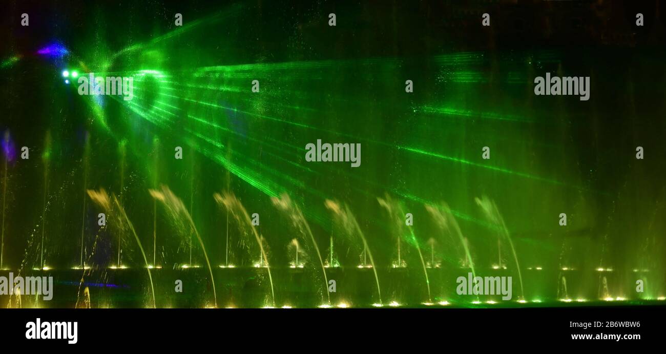 Colorful water fountains. Beautiful laser and fountain show. Large ...