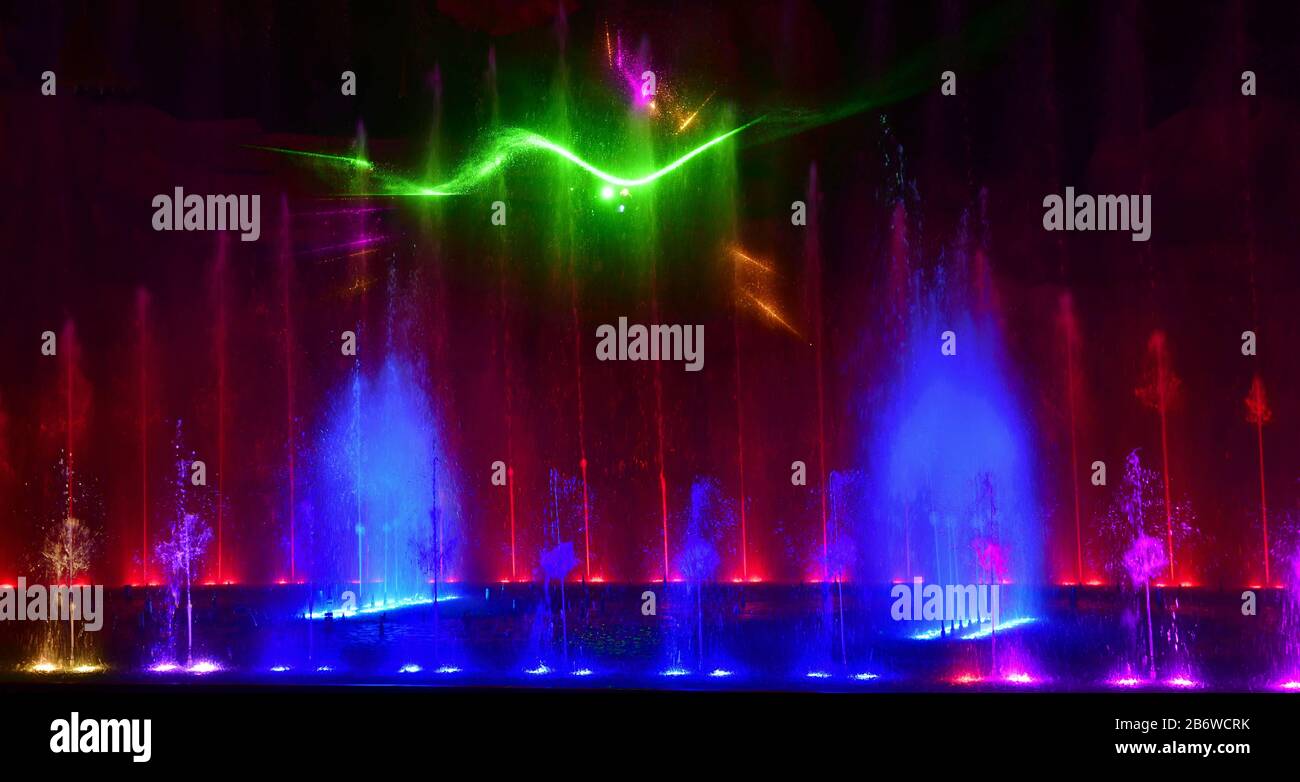 Colorful water fountains. Beautiful laser and fountain show. Large ...