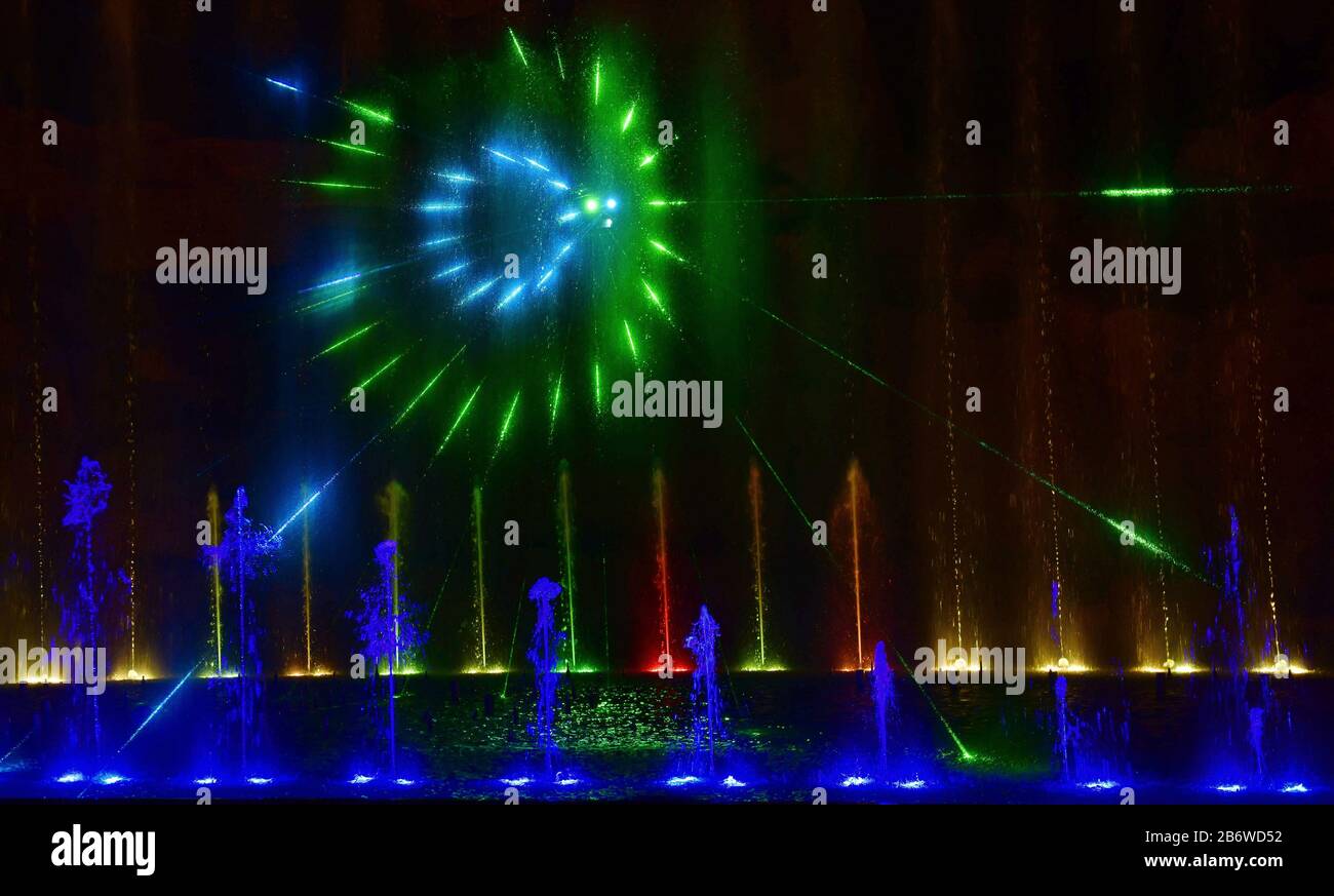 Colorful water fountains. Beautiful laser and fountain show. Large ...