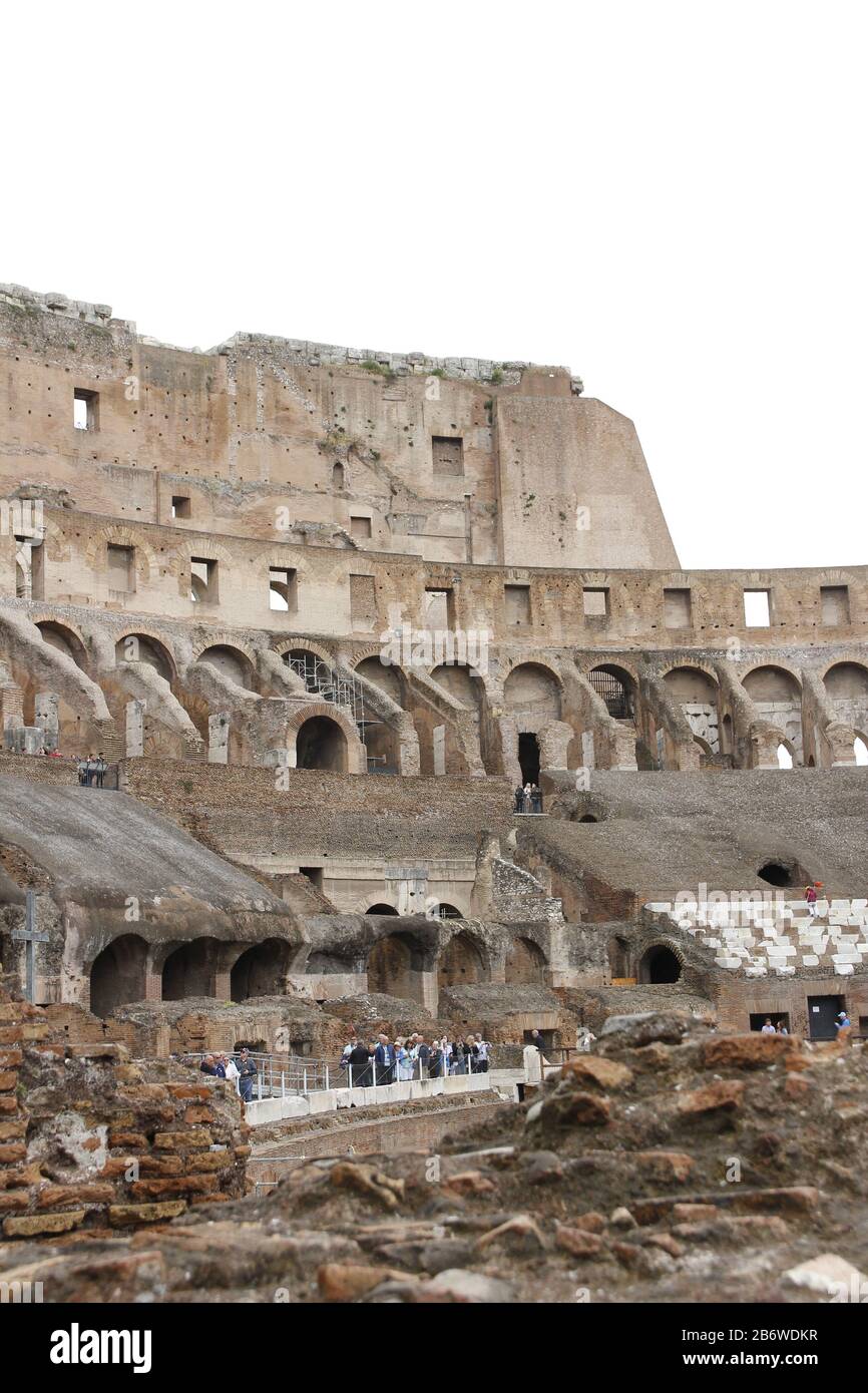 Interior of the Colosseum or Coliseum with the bricks wall and arches ...