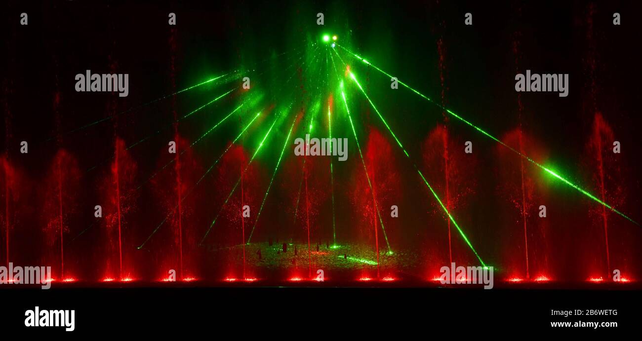 Colorful water fountains. Beautiful laser and fountains show. Large ...