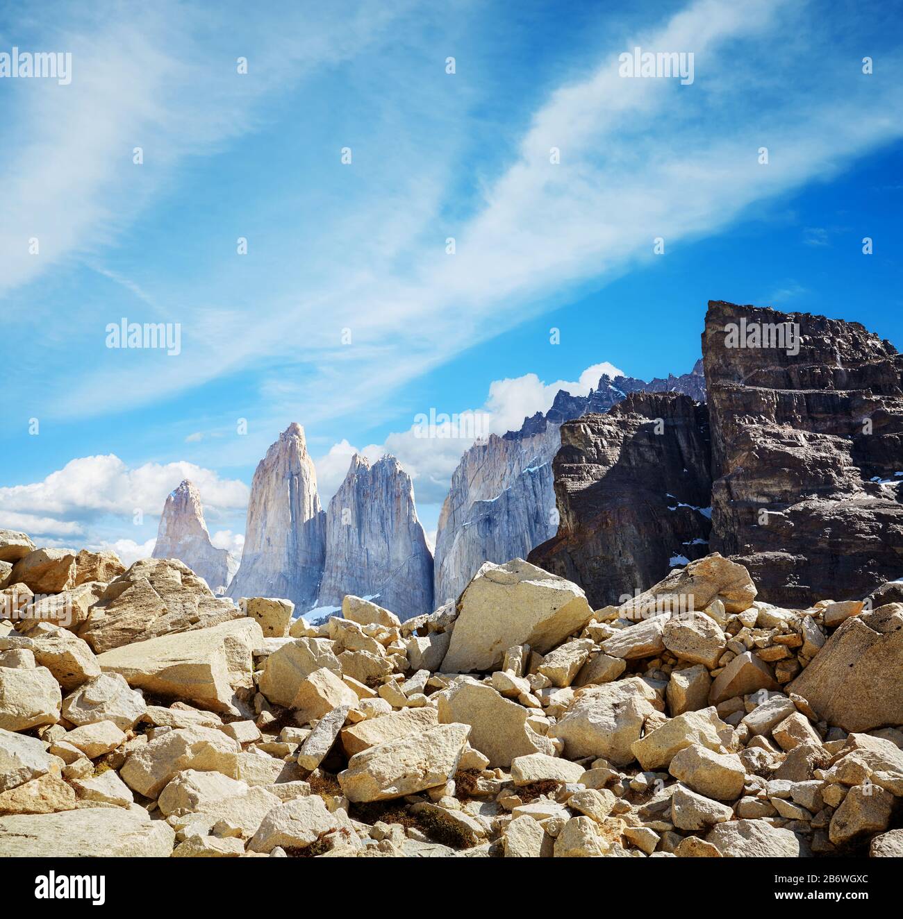 Towers of Paine in Torres del Paine National Park, Chile Stock Photo ...