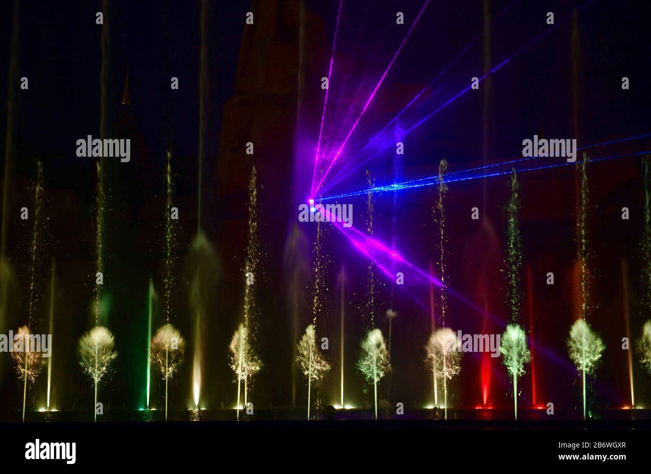 Colorful water fountains. Beautiful laser and fountains show. Large ...