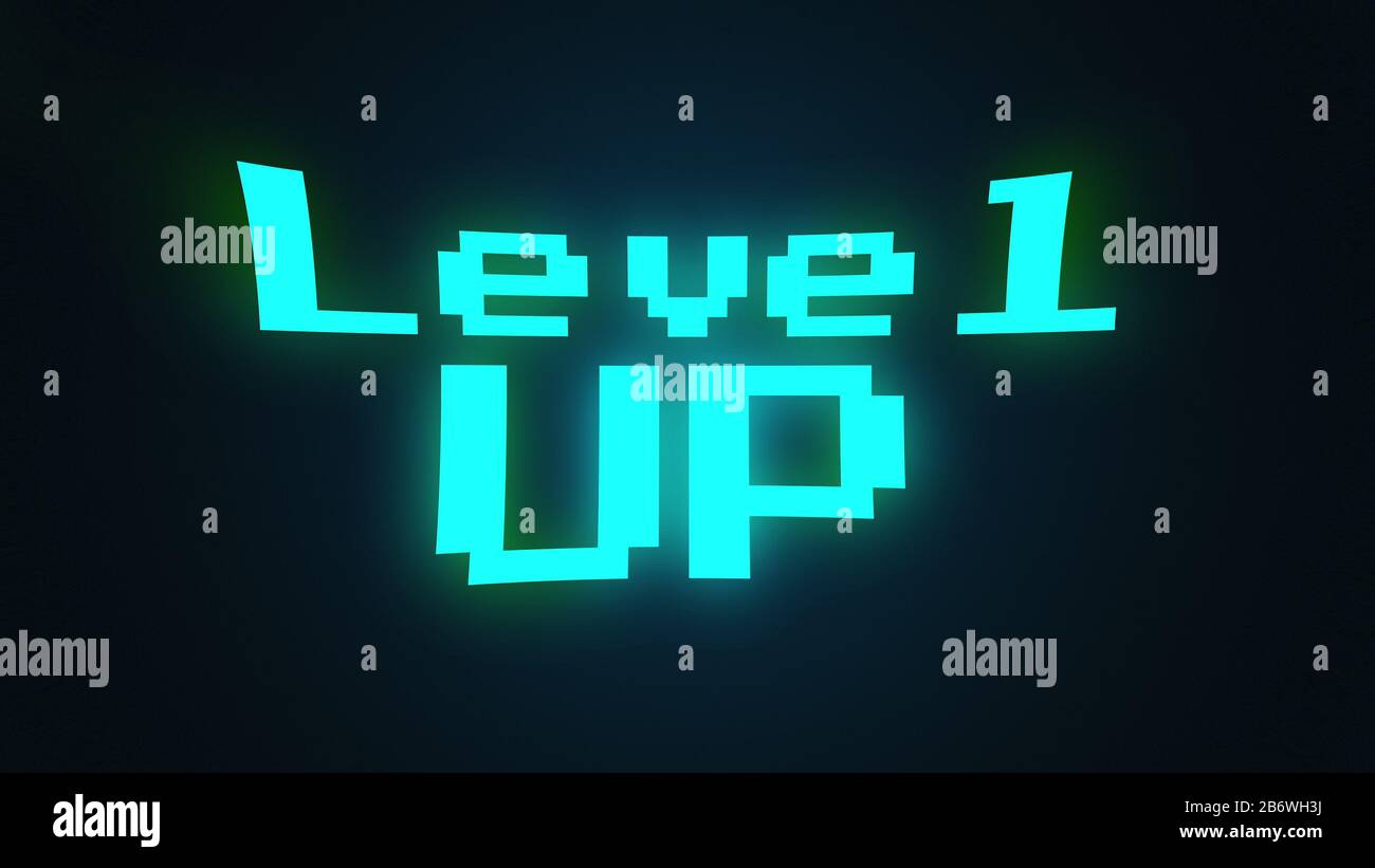 Computer generated a text message screen: Level 1 up. 3d rendering 8 ...