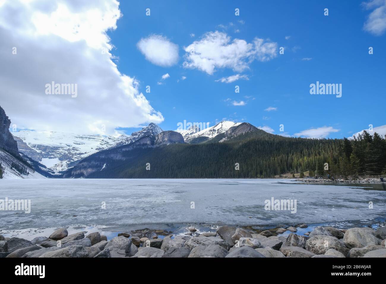 Mount fairview, partly frozen lake, Lake Louise Banff National Park ...