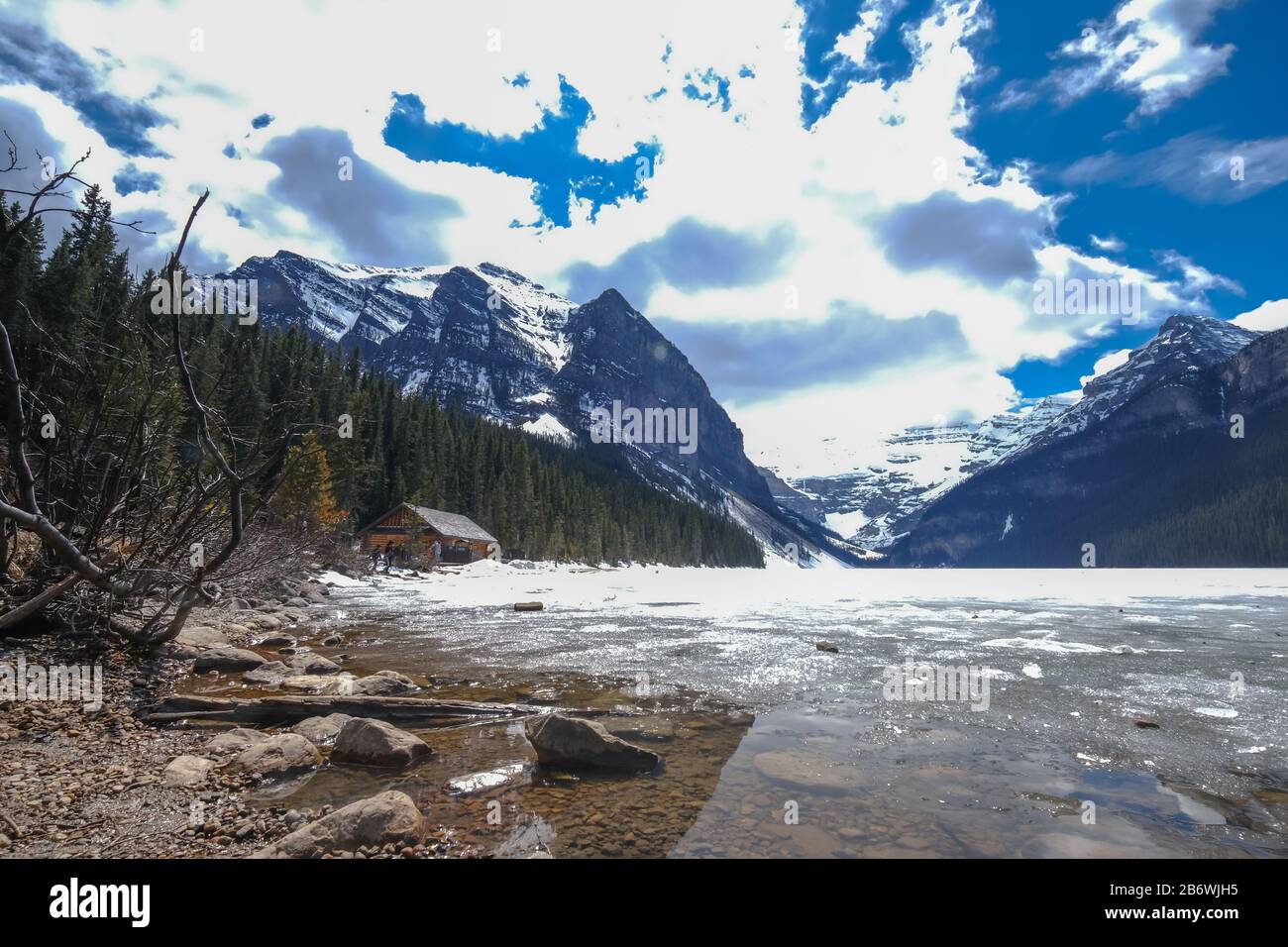 Mount fairview, partly frozen lake, Lake Louise Banff National Park ...