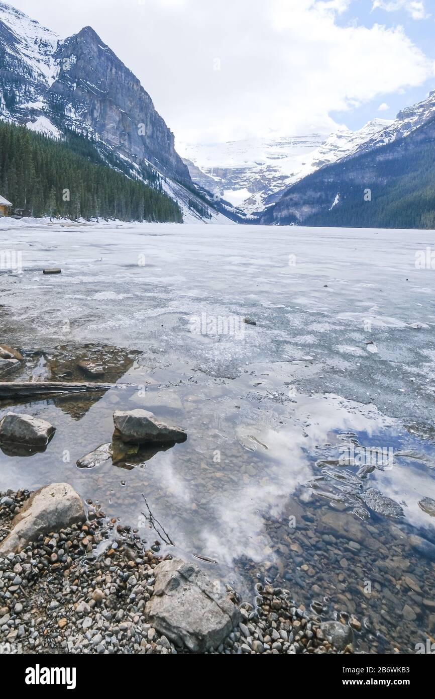 Mount fairview, partly frozen lake, Lake Louise Banff National Park ...