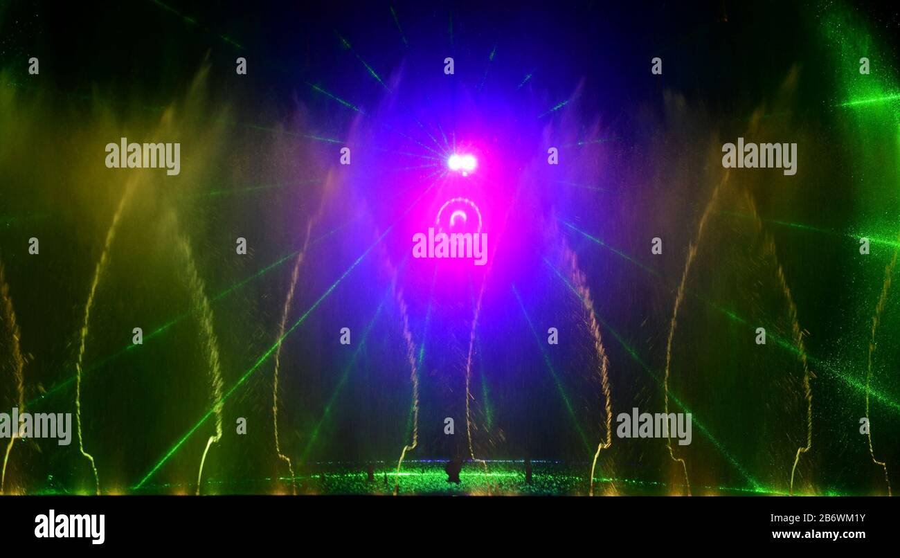 Colorful water fountains. Beautiful laser and fountains show. Large ...