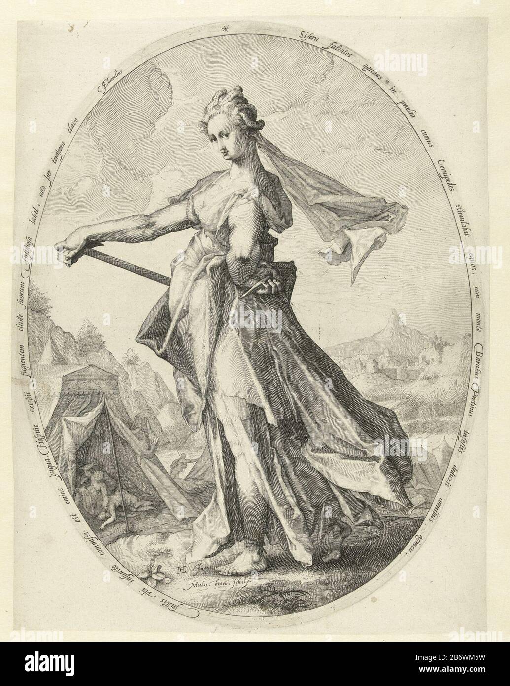 Jael alone with a tent nail and a hammer in her hand. In the background ...