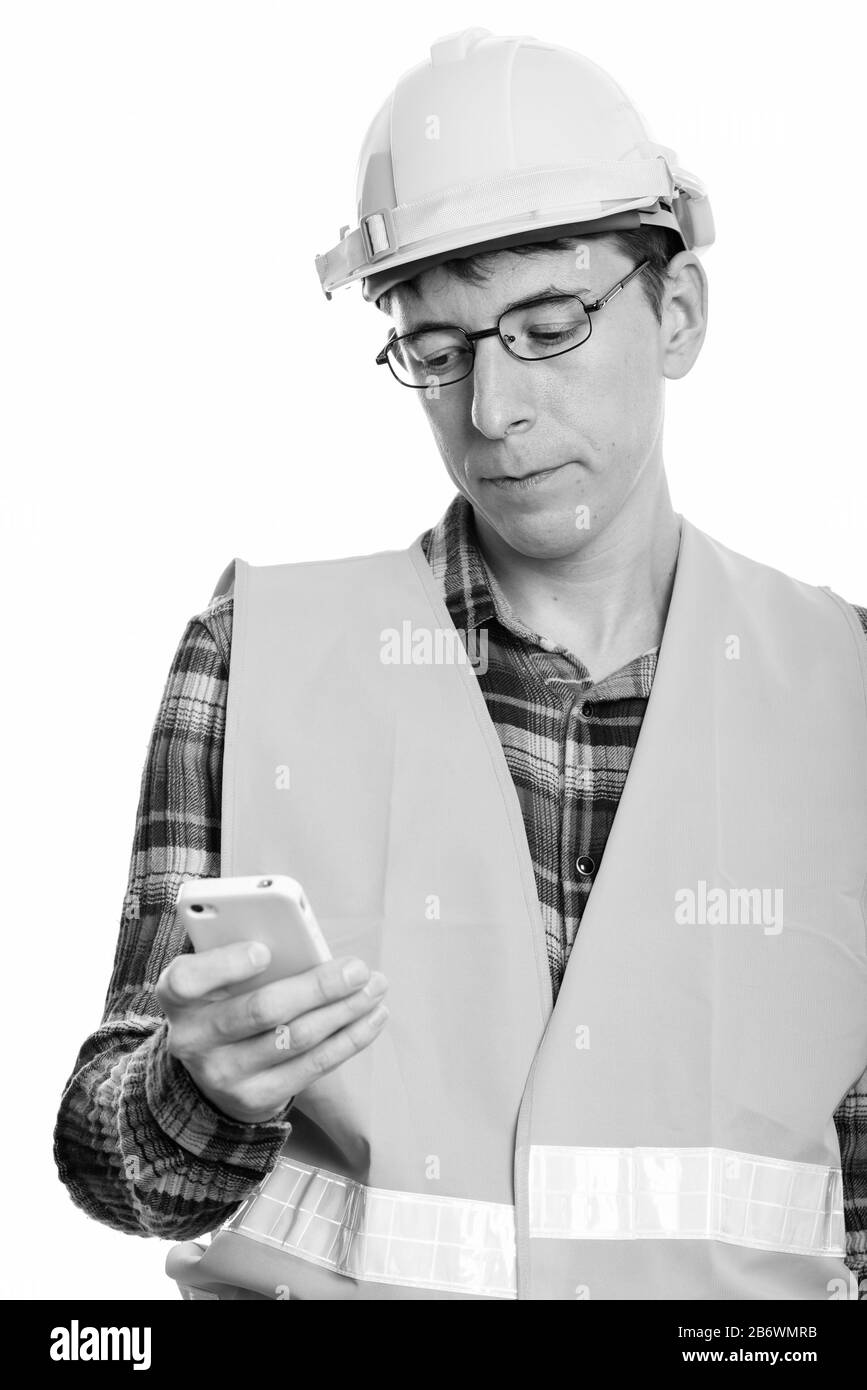 Portrait of man construction worker using phone Stock Photo - Alamy