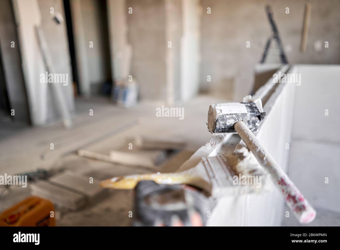 Tools on Gypsum plate. Construction of internal walls in the apartment ...