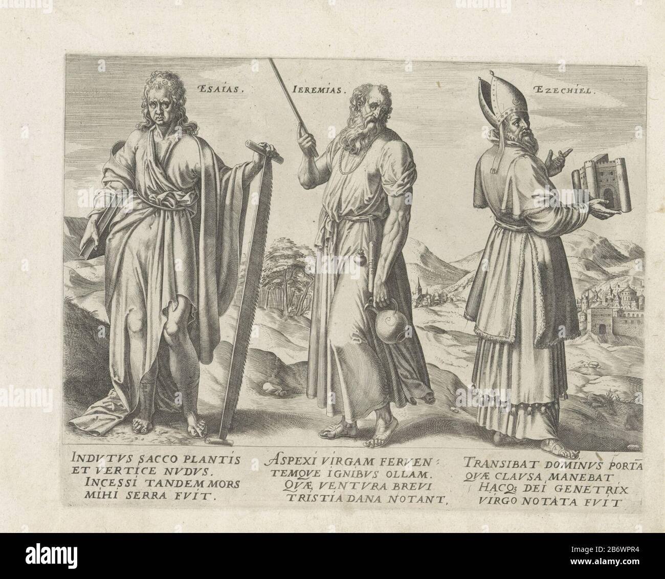 the prophets Isaiah, Jeremiah and Ezekiel are lined up in a landscape ...