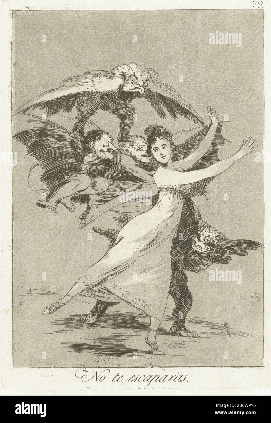 A young woman runs away five birdlike creatures. Seventy print from the ...