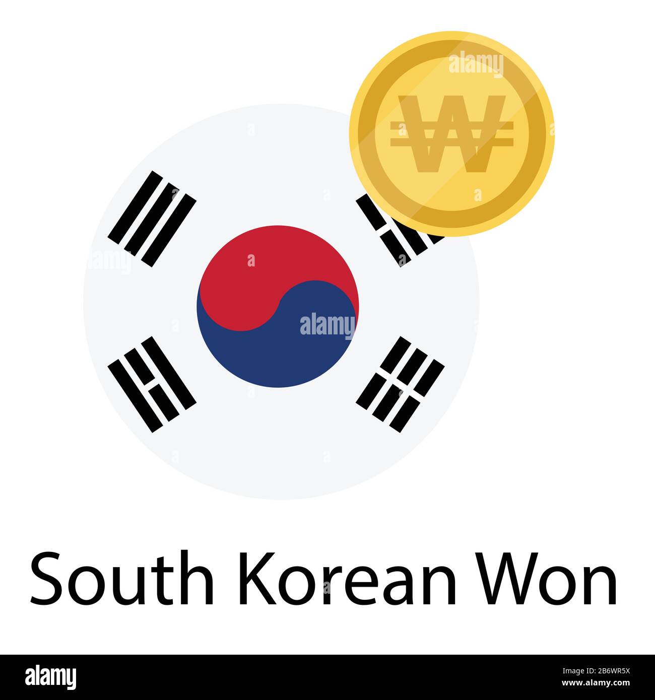 South Korea flag and South Korean Won golden coin. Won currency ...