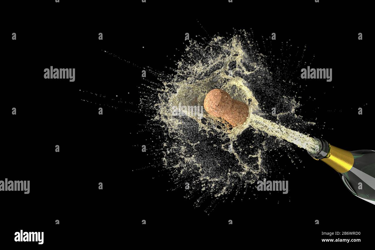 champagne bottle with cork cap explosion and alcohol splash on black ...