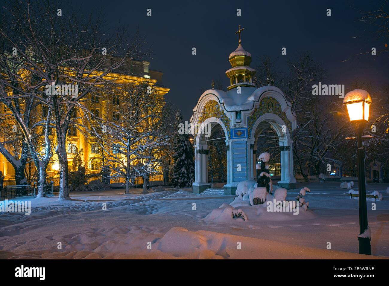 Snow powdered temple in Saint Michael's Golden-Domed Monastery. Night ...