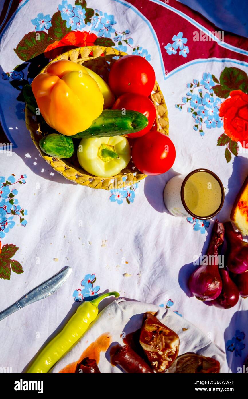 Traditional meal, breakfast in open at the time of harvest Stock Photo ...
