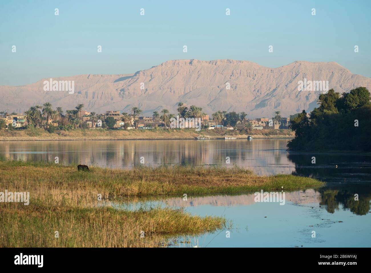 Panoramic landscape rural countryside view of large river nile in arid ...