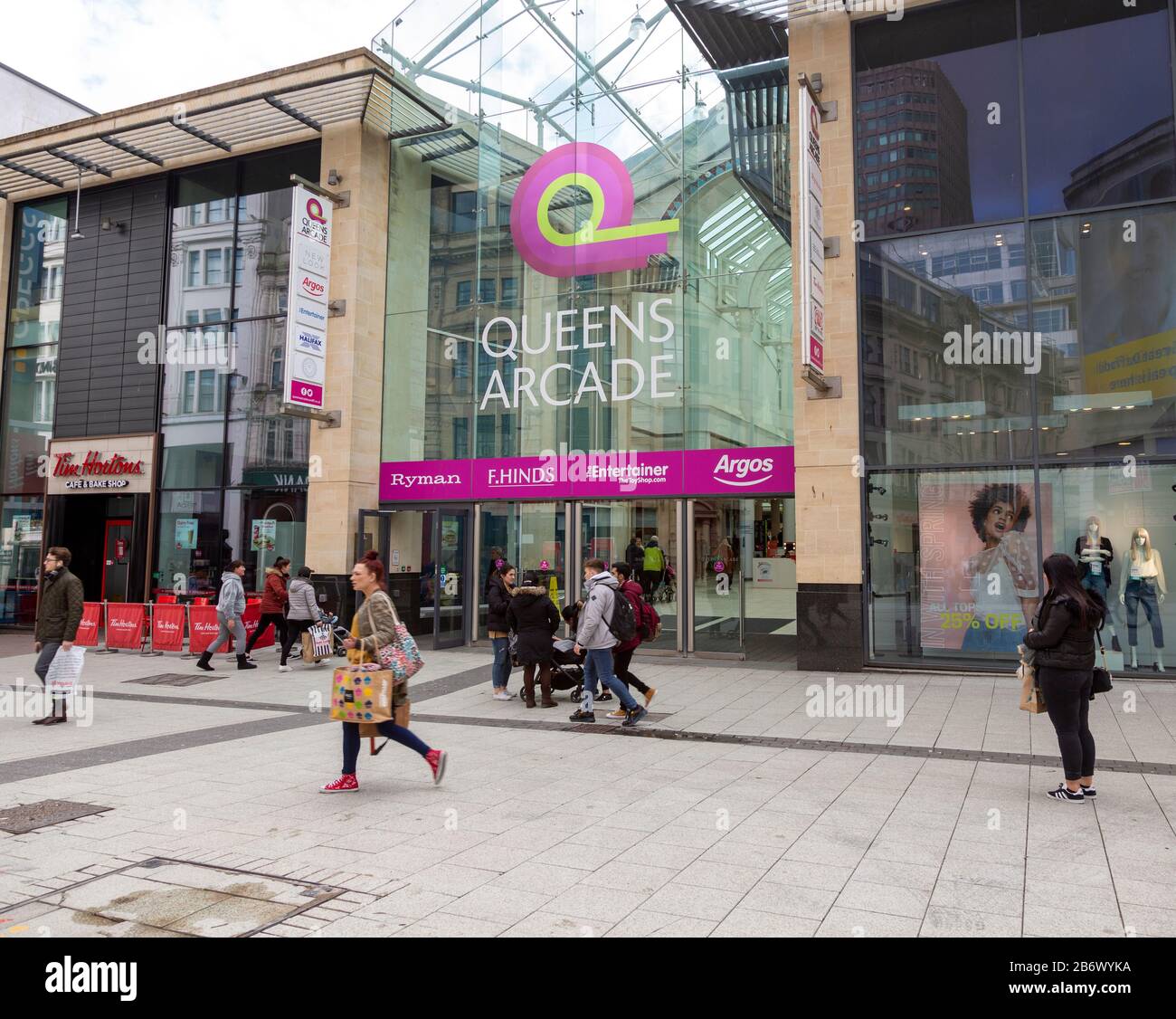 Entrance to Queens Arcade shopping centre, Queen Street, Cardiff, South ...