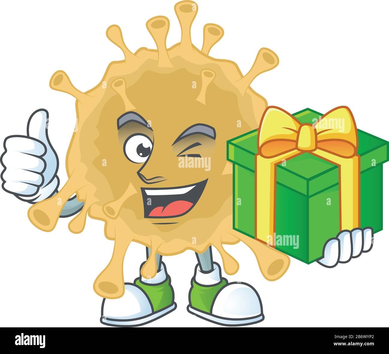 Cheerful coronavirus particle cartoon character holding a gift box ...