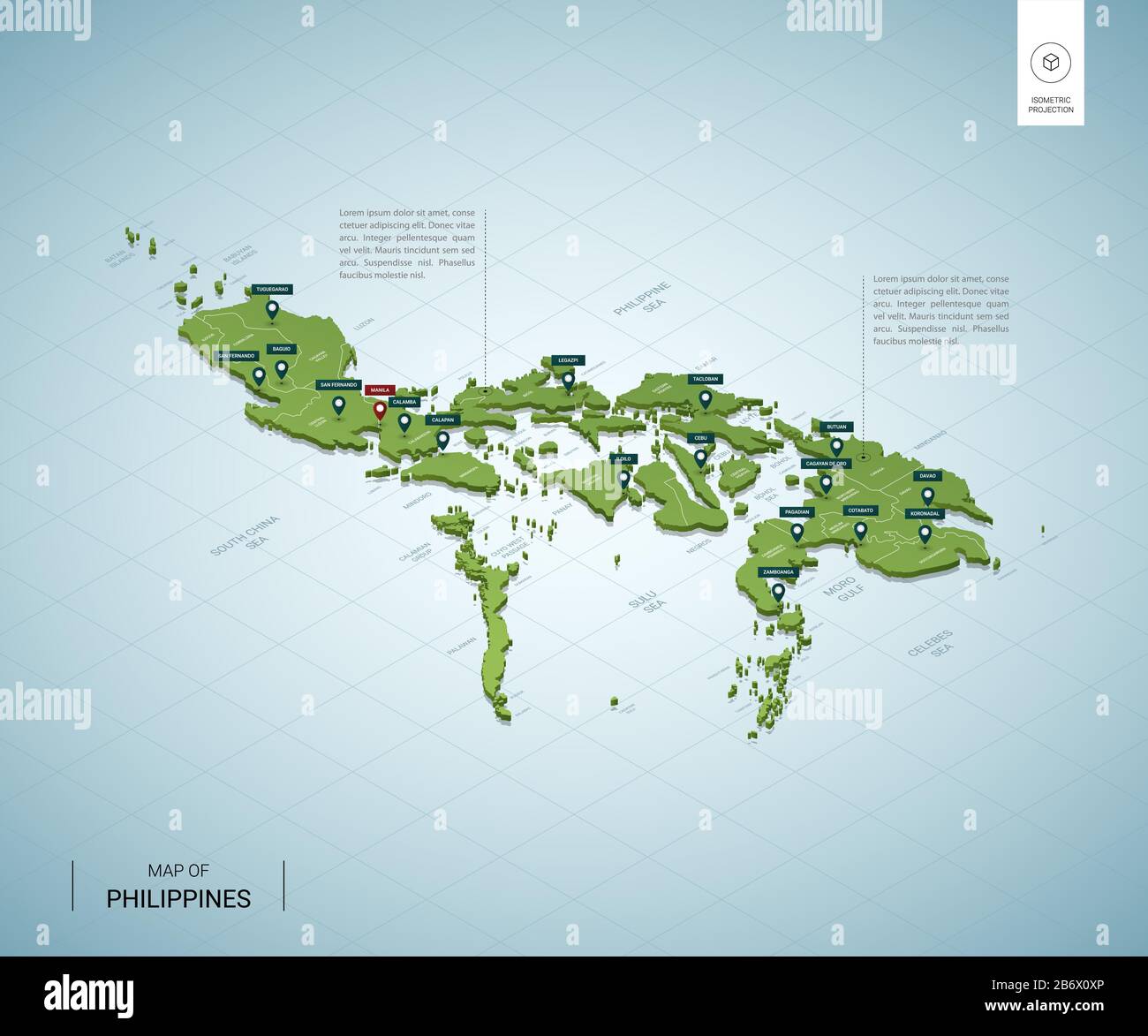 Stylized map of Philippines. Isometric 3D green map with cities ...