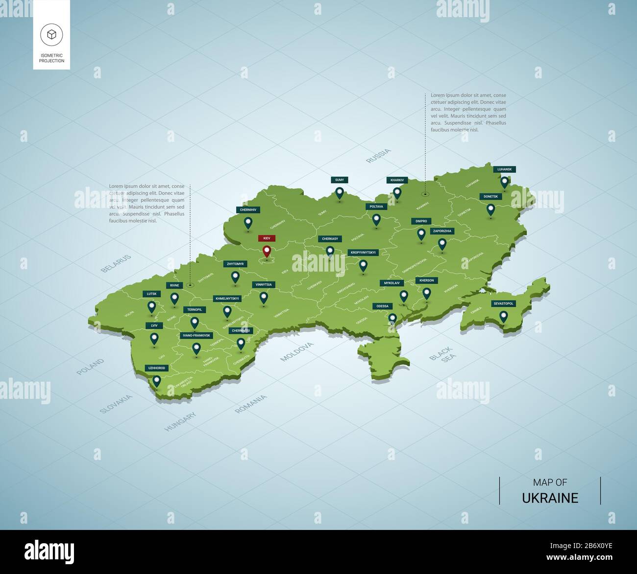 Stylized map of Ukraine. Isometric 3D green map with cities, borders ...