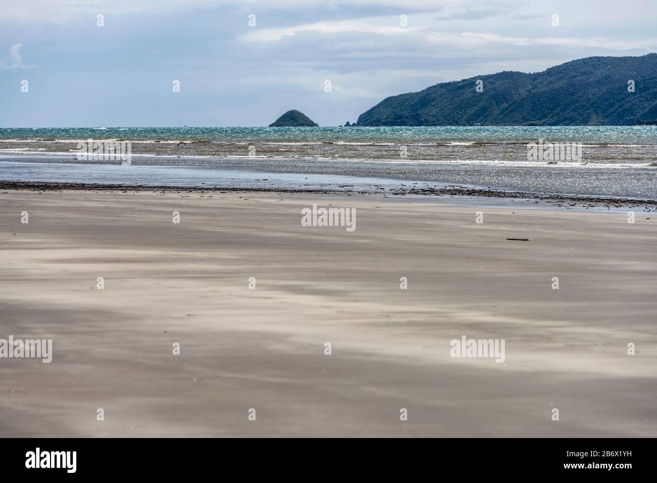 landscape with dark sand and Cook strait waves with Kapiti island in ...